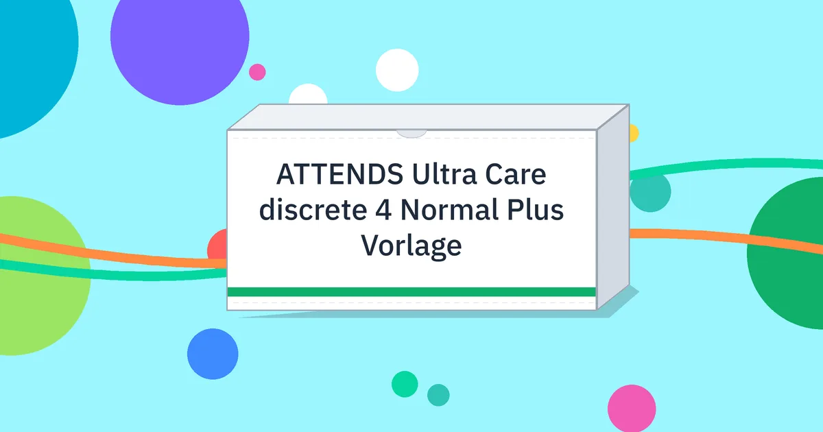 Symbolbild: Packung mit der Aufschrift ATTENDS Ultra Care discrete 4 Normal Plus Vorlage (PZN 07478928) – Verfügbarkeit und Bezug in Apotheken in Frankfurt am Main