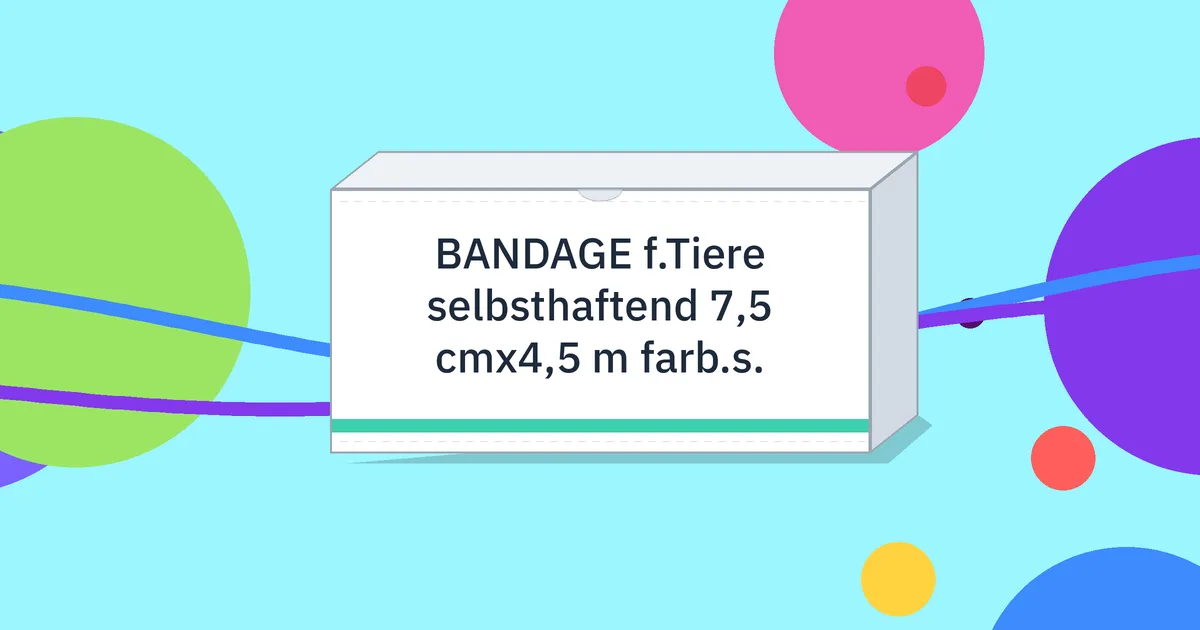 Symbolbild: Packung mit der Aufschrift BANDAGE f.Tiere selbsthaftend 7,5 cmx4,5 m farb.s. (PZN 09230842) – Verfügbarkeit und Bezug in Apotheken in Frankfurt am Main