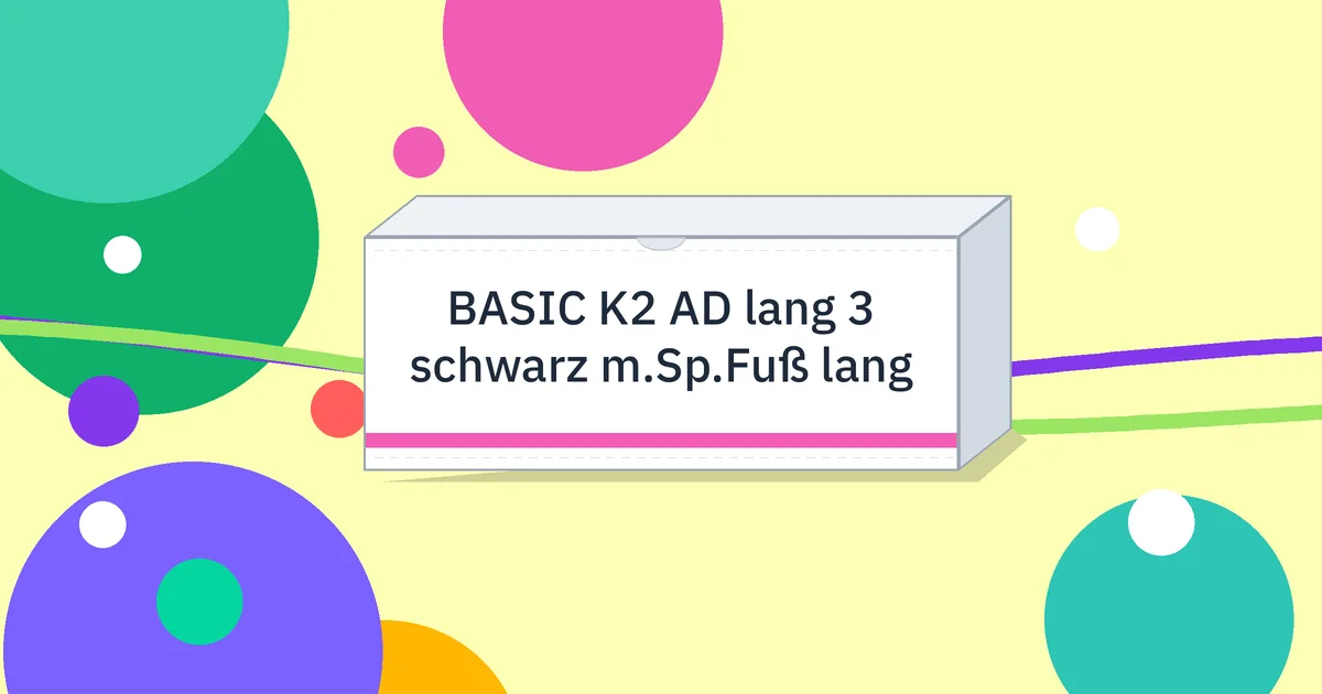 Symbolbild: Packung mit der Aufschrift BASIC K2 AD lang 3 schwarz m.Sp.Fuß lang (PZN 20264273) – Verfügbarkeit und Bezug in Apotheken in Frankfurt am Main