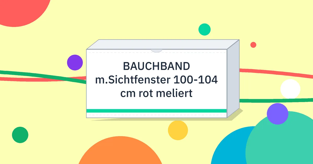 Symbolbild: Packung mit der Aufschrift BAUCHBAND m.Sichtfenster 100-104 cm rot meliert (PZN 13917237) – Verfügbarkeit und Bezug in Apotheken in Frankfurt am Main