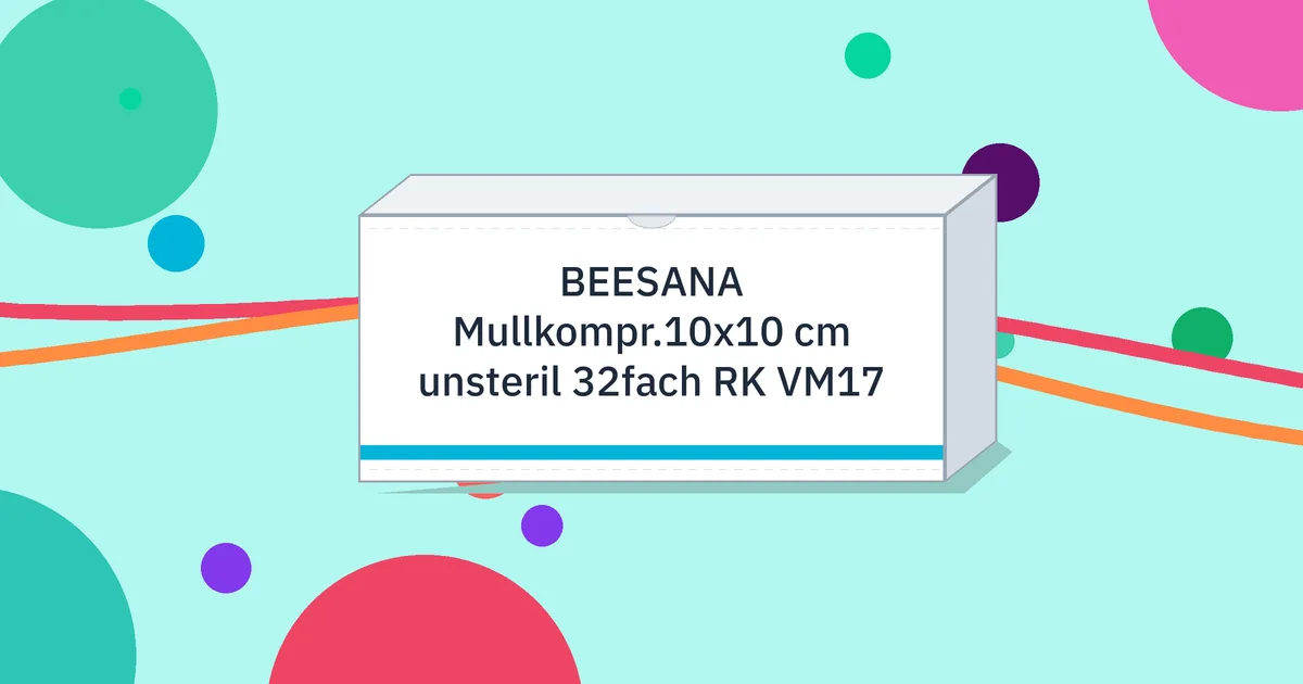 Symbolbild: Packung mit der Aufschrift BEESANA Mullkompr.10x10 cm unsteril 32fach RK VM17 (PZN 12348607) – Verfügbarkeit und Bezug in Apotheken in Frankfurt am Main