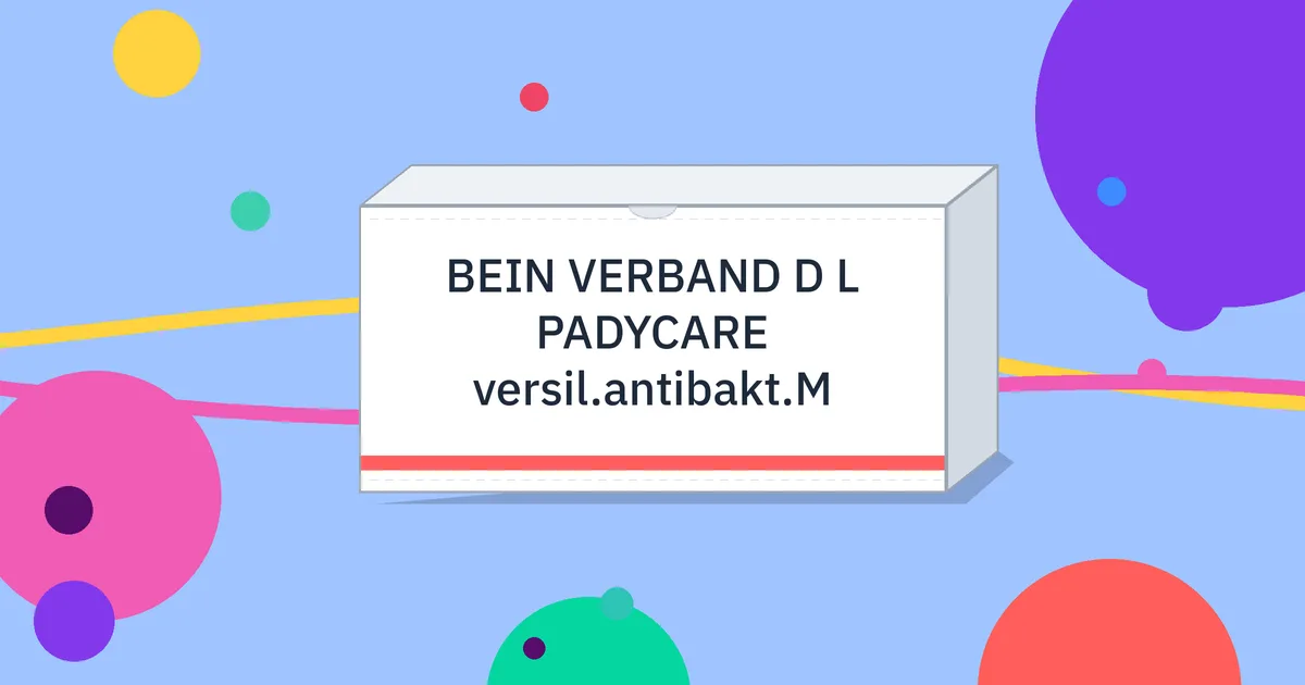 Symbolbild: Packung mit der Aufschrift BEIN VERBAND D L PADYCARE versil.antibakt.M (PZN 10938960) – Verfügbarkeit und Bezug in Apotheken in Frankfurt am Main