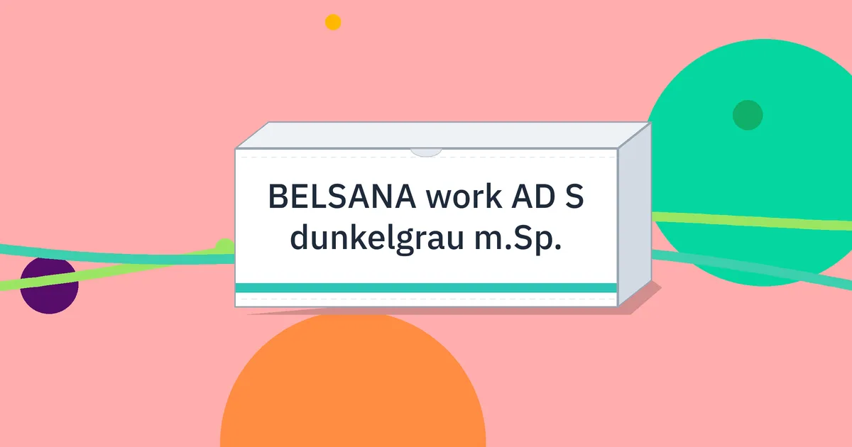 Symbolbild: Packung mit der Aufschrift BELSANA work AD S dunkelgrau m.Sp. (PZN 16219545) – Verfügbarkeit und Bezug in Apotheken in Frankfurt am Main