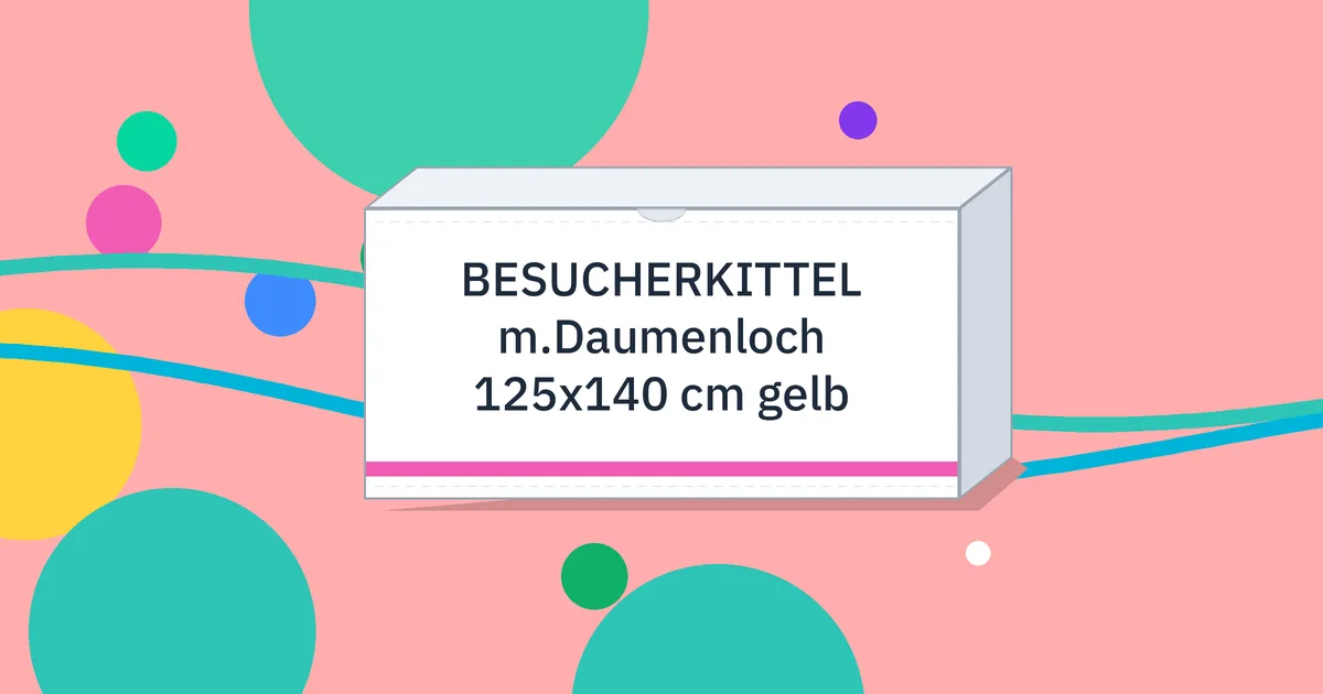 Symbolbild: Packung mit der Aufschrift BESUCHERKITTEL m.Daumenloch 125x140 cm gelb (PZN 12428068) – Verfügbarkeit und Bezug in Apotheken in Frankfurt am Main