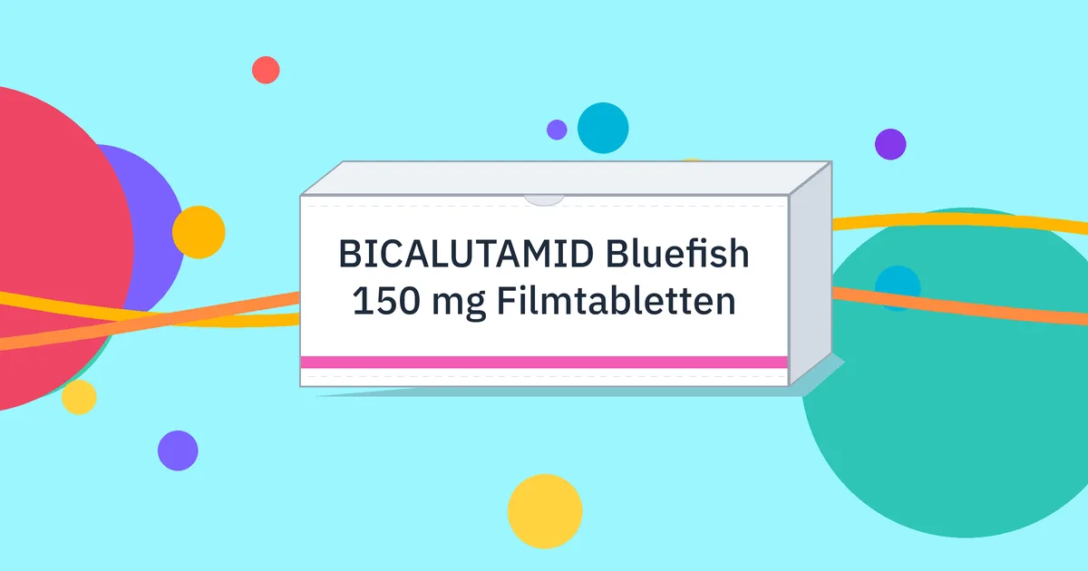 Symbolbild: Packung mit der Aufschrift BICALUTAMID Bluefish 150 mg Filmtabletten (PZN 03652016) – Verfügbarkeit und Bezug in Apotheken in Frankfurt am Main