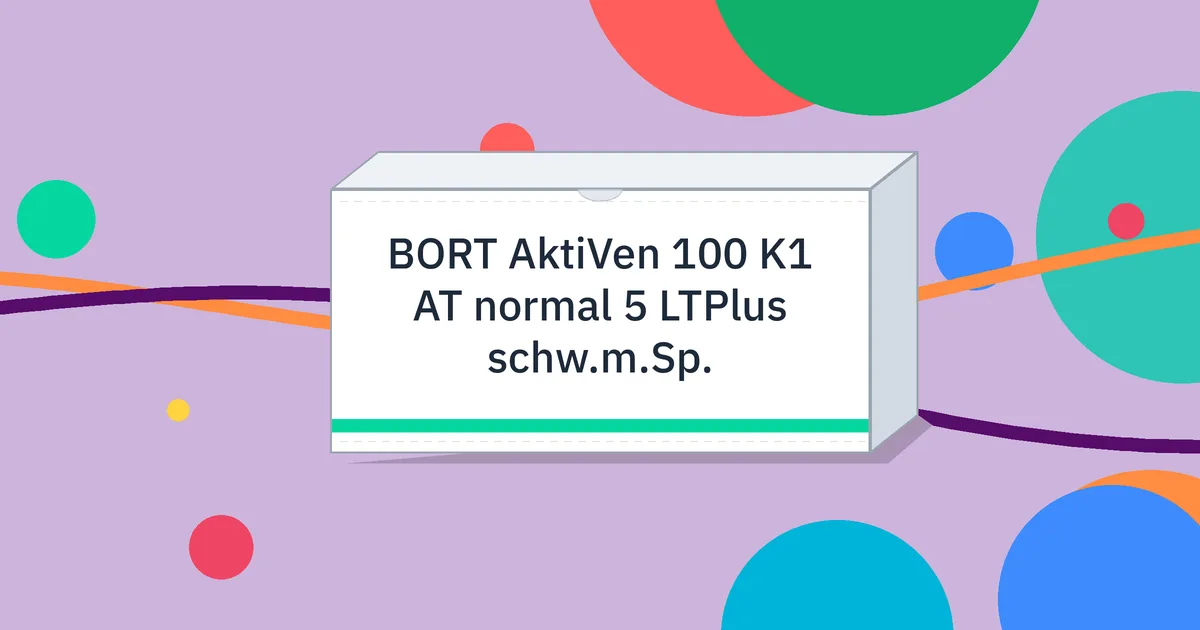 Symbolbild: Packung mit der Aufschrift BORT AktiVen 100 K1 AT normal 5 LTPlus schw.m.Sp. (PZN 18175906) – Verfügbarkeit und Bezug in Apotheken in Frankfurt am Main