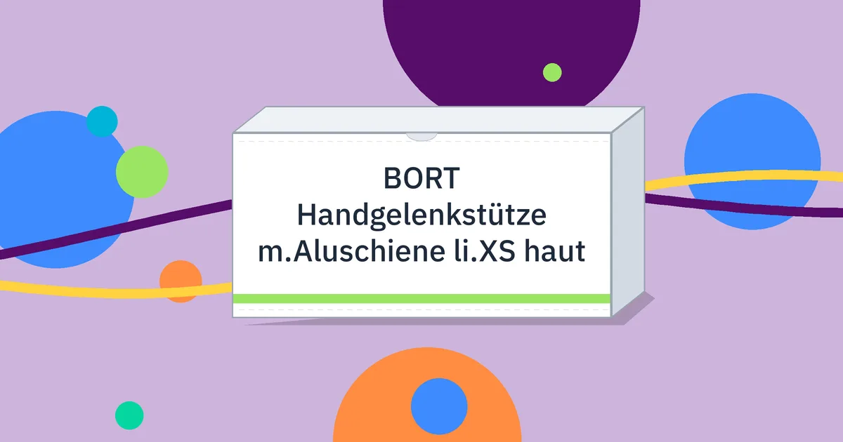 Symbolbild: Packung mit der Aufschrift BORT Handgelenkstütze m.Aluschiene li.XS haut (PZN 02688035) – Verfügbarkeit und Bezug in Apotheken in Frankfurt am Main