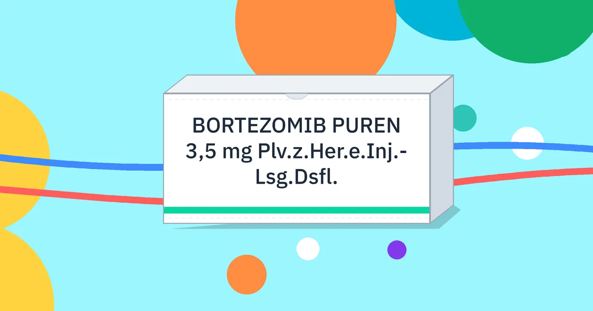 Symbolbild: Packung mit der Aufschrift BORTEZOMIB PUREN 3,5 mg Plv.z.Her.e.Inj.-Lsg.Dsfl. (PZN 16958627) – Verfügbarkeit und Bezug in Apotheken in Frankfurt am Main