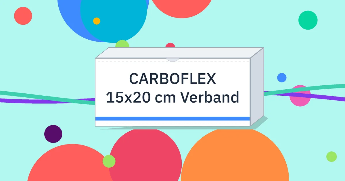 Symbolbild: Packung mit der Aufschrift CARBOFLEX 15x20 cm Verband (PZN 11605597) – Verfügbarkeit und Bezug in Apotheken in Frankfurt am Main