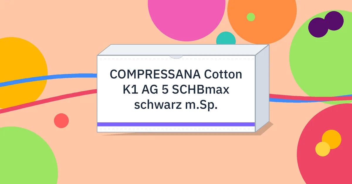 Symbolbild: Packung mit der Aufschrift COMPRESSANA Cotton K1 AG 5 SCHBmax schwarz m.Sp. (PZN 16959845) – Verfügbarkeit und Bezug in Apotheken in Frankfurt am Main