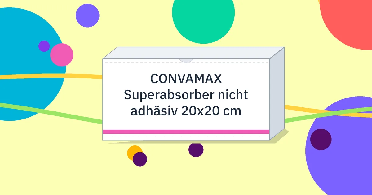 Symbolbild: Packung mit der Aufschrift CONVAMAX Superabsorber nicht adhäsiv 20x20 cm (PZN 20123845) – Verfügbarkeit und Bezug in Apotheken in Frankfurt am Main