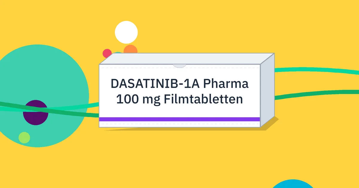 Symbolbild: Packung mit der Aufschrift DASATINIB-1A Pharma 100 mg Filmtabletten (PZN 16755427) – Verfügbarkeit und Bezug in Apotheken in Frankfurt am Main