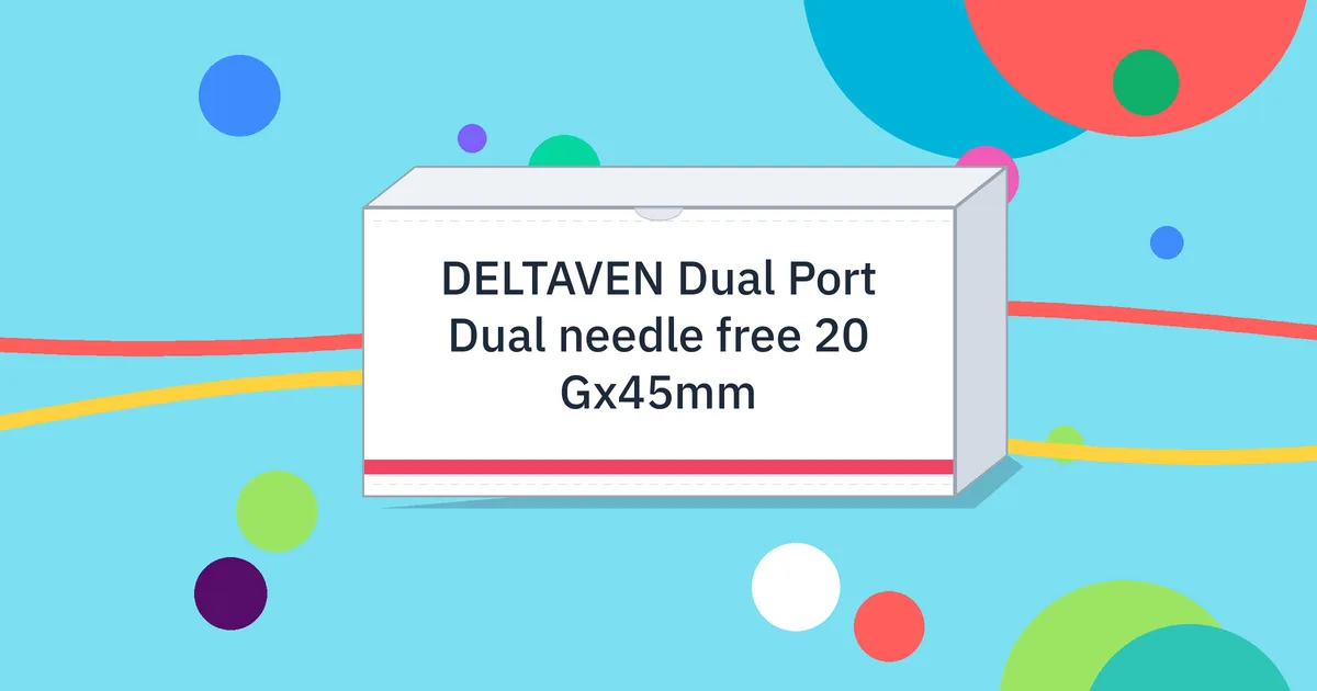 Symbolbild: Packung mit der Aufschrift DELTAVEN Dual Port Dual needle free 20 Gx45mm (PZN 18873823) – Verfügbarkeit und Bezug in Apotheken in Frankfurt am Main