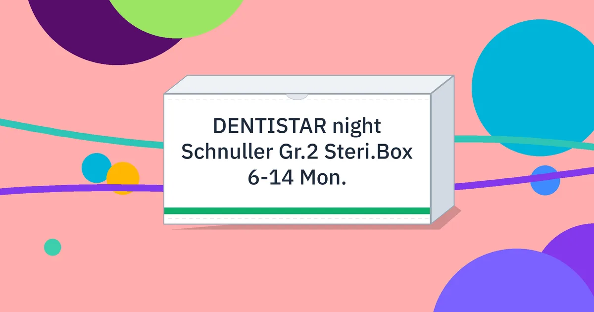 Symbolbild: Packung mit der Aufschrift DENTISTAR night Schnuller Gr.2 Steri.Box 6-14 Mon. (PZN 16008587) – Verfügbarkeit und Bezug in Apotheken in Frankfurt am Main