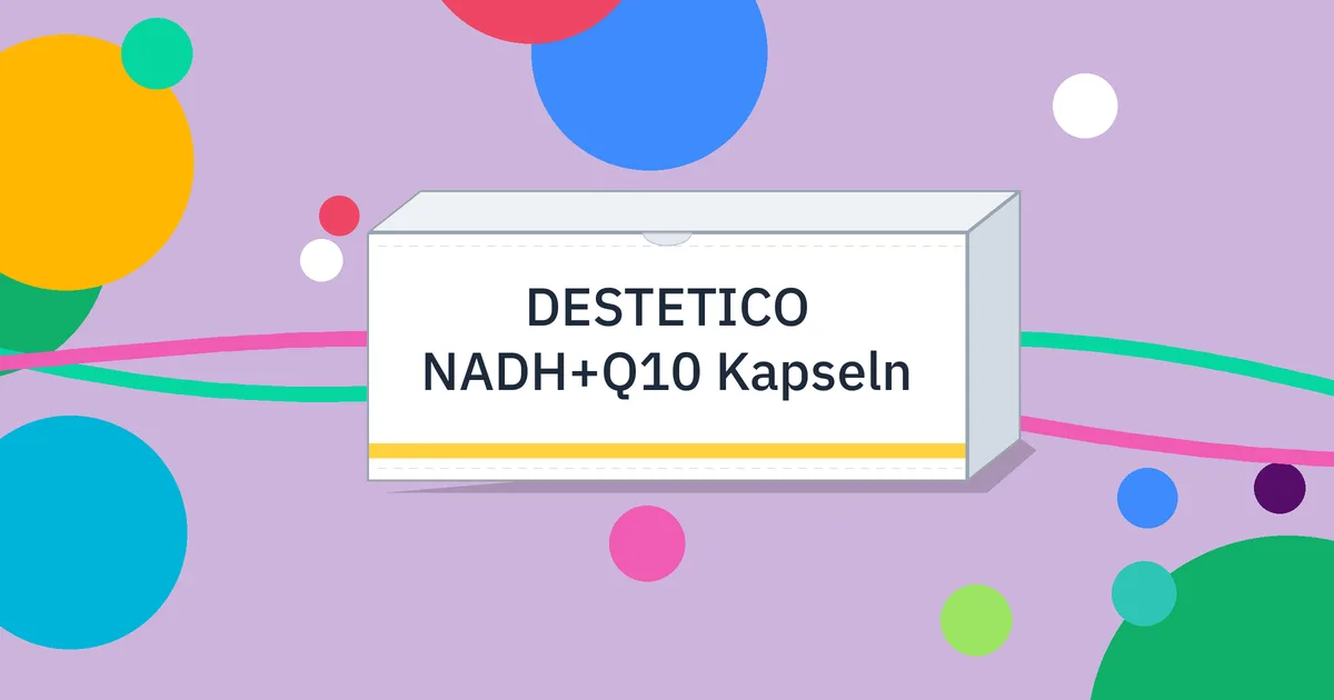 Symbolbild: Packung mit der Aufschrift DESTETICO NADH+Q10 Kapseln (PZN 18062390) – Verfügbarkeit und Bezug in Apotheken in Frankfurt am Main