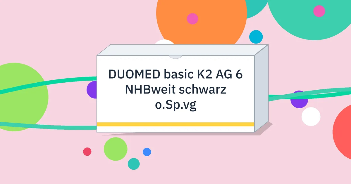 Symbolbild: Packung mit der Aufschrift DUOMED basic K2 AG 6 NHBweit schwarz o.Sp.vg (PZN 20909209) – Verfügbarkeit und Bezug in Apotheken in Frankfurt am Main