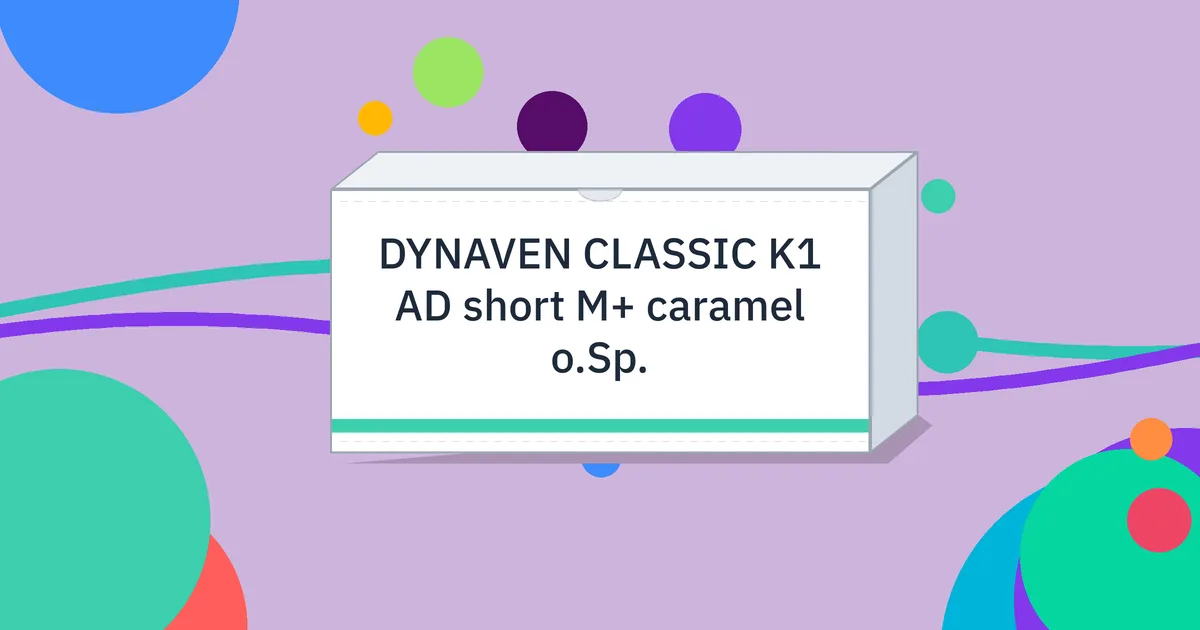 Symbolbild: Packung mit der Aufschrift DYNAVEN CLASSIC K1 AD short M+ caramel o.Sp. (PZN 18414386) – Verfügbarkeit und Bezug in Apotheken in Frankfurt am Main