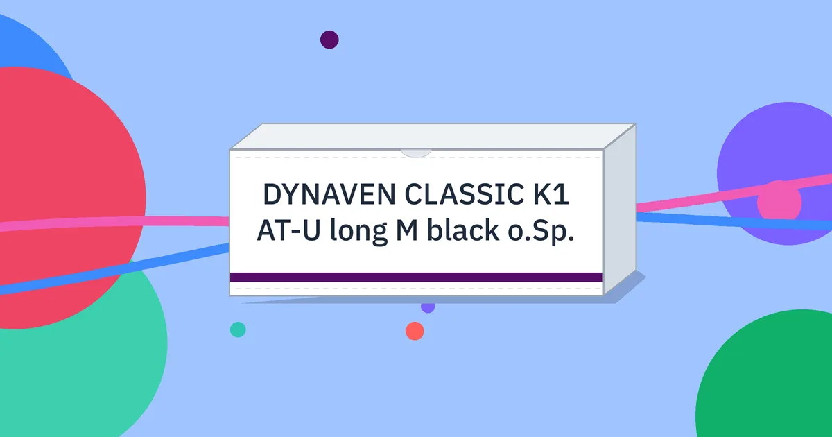 Symbolbild: Packung mit der Aufschrift DYNAVEN CLASSIC K1 AT-U long M black o.Sp. (PZN 18416540) – Verfügbarkeit und Bezug in Apotheken in Frankfurt am Main