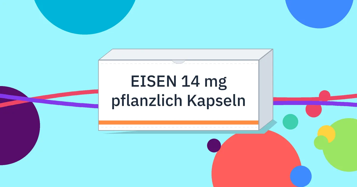 Symbolbild: Packung mit der Aufschrift EISEN 14 mg pflanzlich Kapseln (PZN 18665467) – Verfügbarkeit und Bezug in Apotheken in Frankfurt am Main