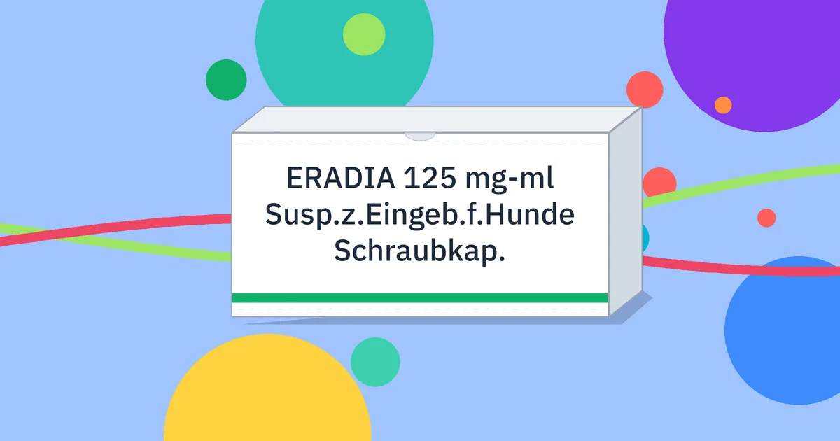 Symbolbild: Packung mit der Aufschrift ERADIA 125 mg-ml Susp.z.Eingeb.f.Hunde Schraubkap. (PZN 15570418) – Verfügbarkeit und Bezug in Apotheken in Frankfurt am Main
