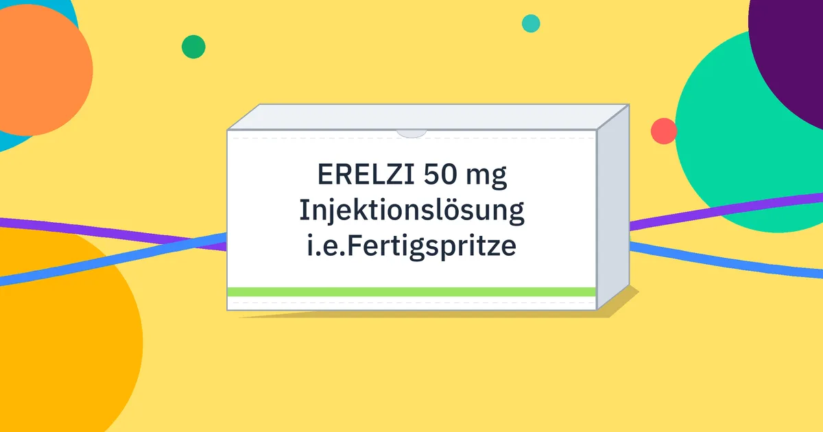 Symbolbild: Packung mit der Aufschrift ERELZI 50 mg Injektionslösung i.e.Fertigspritze (PZN 14163792) – Verfügbarkeit und Bezug in Apotheken in Frankfurt am Main