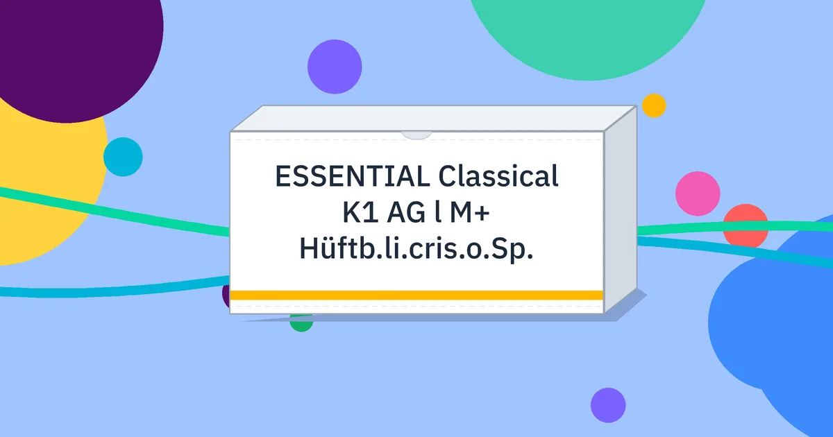 Symbolbild: Packung mit der Aufschrift ESSENTIAL Classical K1 AG l M+ Hüftb.li.cris.o.Sp. (PZN 17012042) – Verfügbarkeit und Bezug in Apotheken in Frankfurt am Main