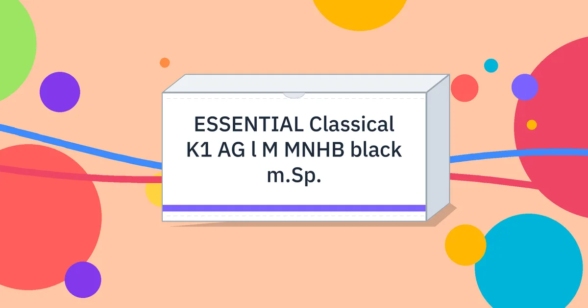 Symbolbild: Packung mit der Aufschrift ESSENTIAL Classical K1 AG l M MNHB black m.Sp. (PZN 19321209) – Verfügbarkeit und Bezug in Apotheken in Frankfurt am Main