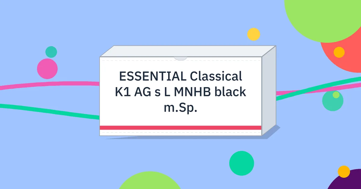 Symbolbild: Packung mit der Aufschrift ESSENTIAL Classical K1 AG s L MNHB black m.Sp. (PZN 19321215) – Verfügbarkeit und Bezug in Apotheken in Frankfurt am Main