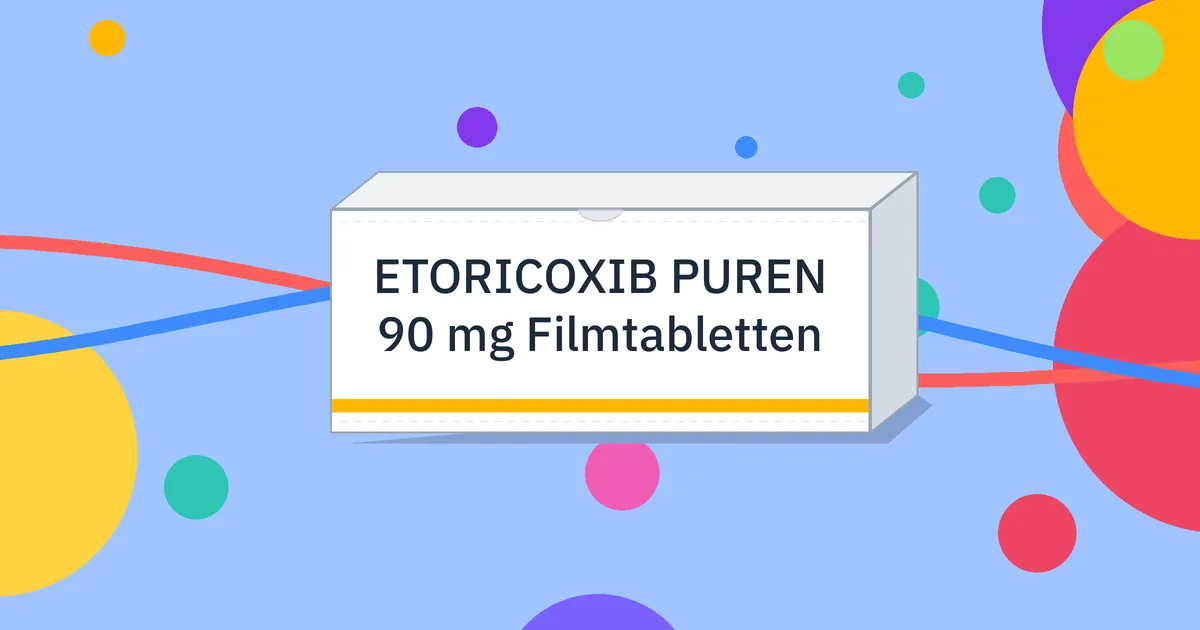 Symbolbild: Packung mit der Aufschrift ETORICOXIB PUREN 90 mg Filmtabletten (PZN 12361720) – Verfügbarkeit und Bezug in Apotheken in Frankfurt am Main