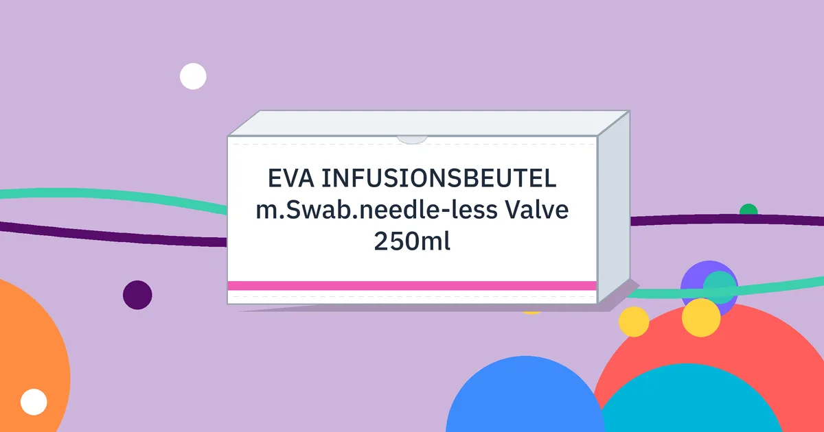 Symbolbild: Packung mit der Aufschrift EVA INFUSIONSBEUTEL m.Swab.needle-less Valve 250ml (PZN 15820720) – Verfügbarkeit und Bezug in Apotheken in Frankfurt am Main