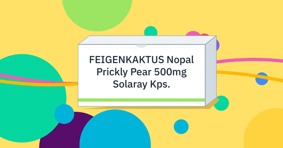 Symbolbild: Packung mit der Aufschrift FEIGENKAKTUS Nopal Prickly Pear 500mg Solaray Kps. (PZN 17253828) – Verfügbarkeit und Bezug in Apotheken in Frankfurt am Main