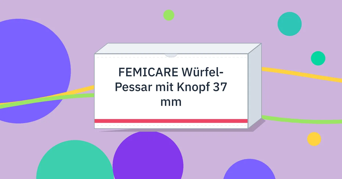 Symbolbild: Packung mit der Aufschrift FEMICARE Würfel-Pessar mit Knopf 37 mm (PZN 19335826) – Verfügbarkeit und Bezug in Apotheken in Frankfurt am Main