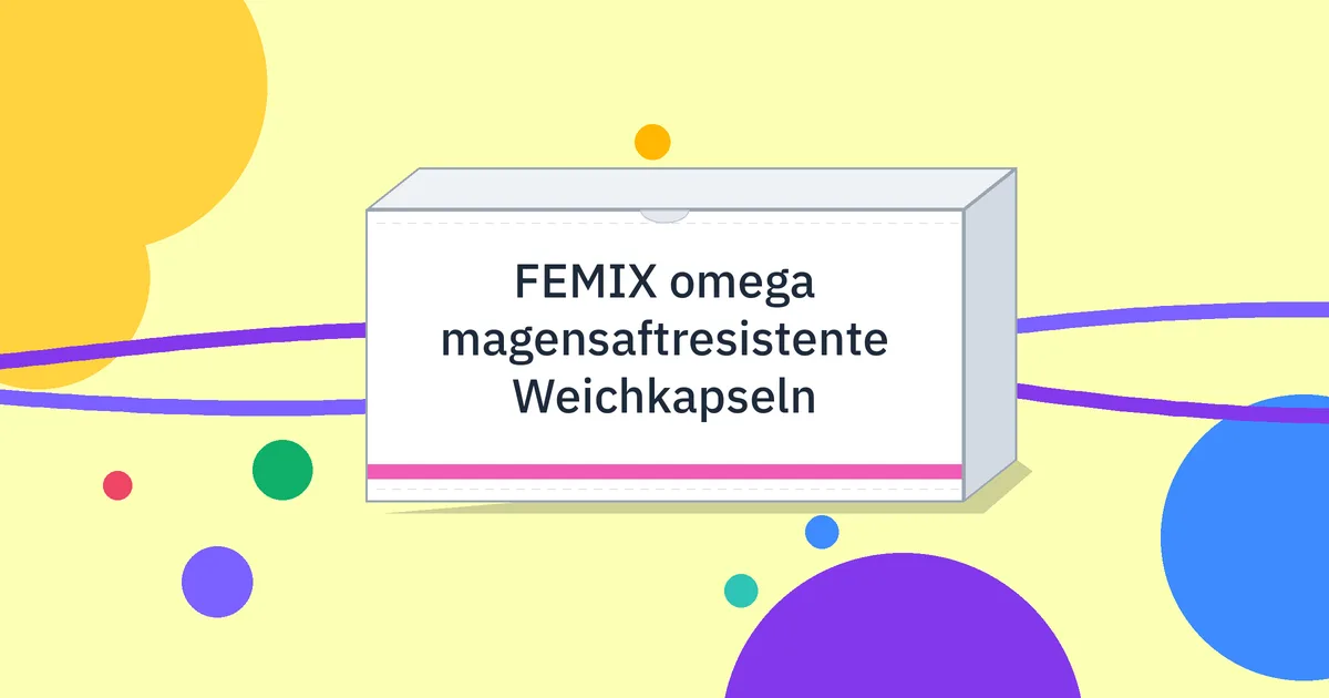 Symbolbild: Packung mit der Aufschrift FEMIX omega magensaftresistente Weichkapseln (PZN 14018297) – Verfügbarkeit und Bezug in Apotheken in Frankfurt am Main
