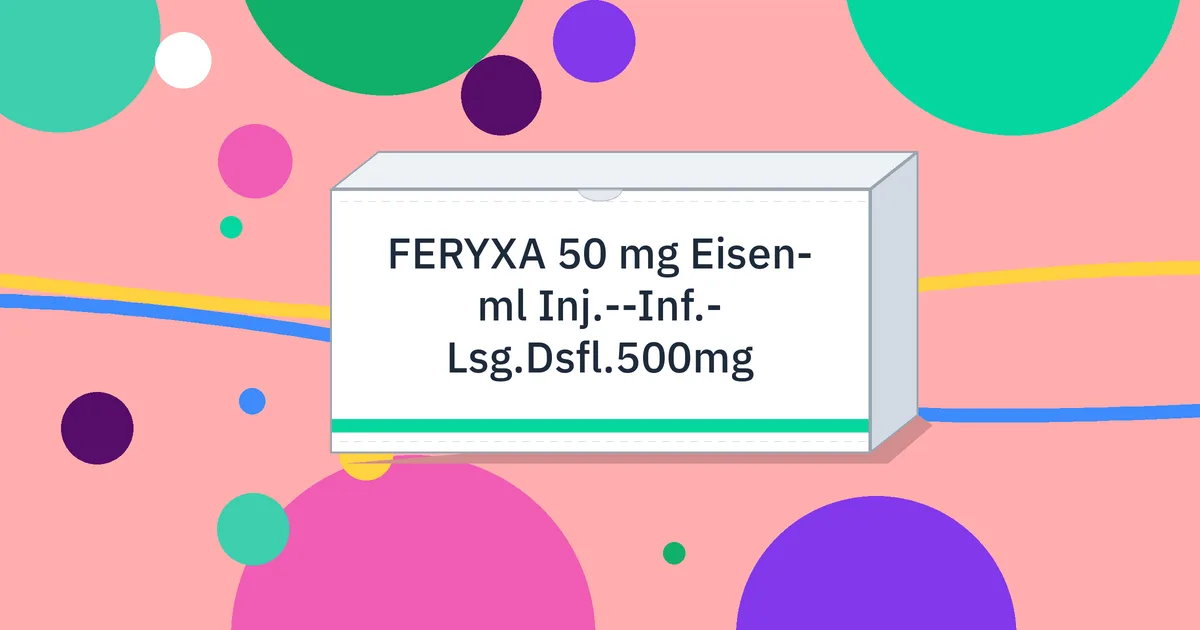 Symbolbild: Packung mit der Aufschrift FERYXA 50 mg Eisen-ml Inj.--Inf.-Lsg.Dsfl.500mg (PZN 18151805) – Verfügbarkeit und Bezug in Apotheken in Frankfurt am Main