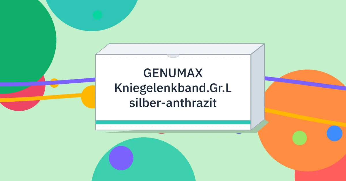 Symbolbild: Packung mit der Aufschrift GENUMAX Kniegelenkband.Gr.L silber-anthrazit (PZN 11097209) – Verfügbarkeit und Bezug in Apotheken in Frankfurt am Main