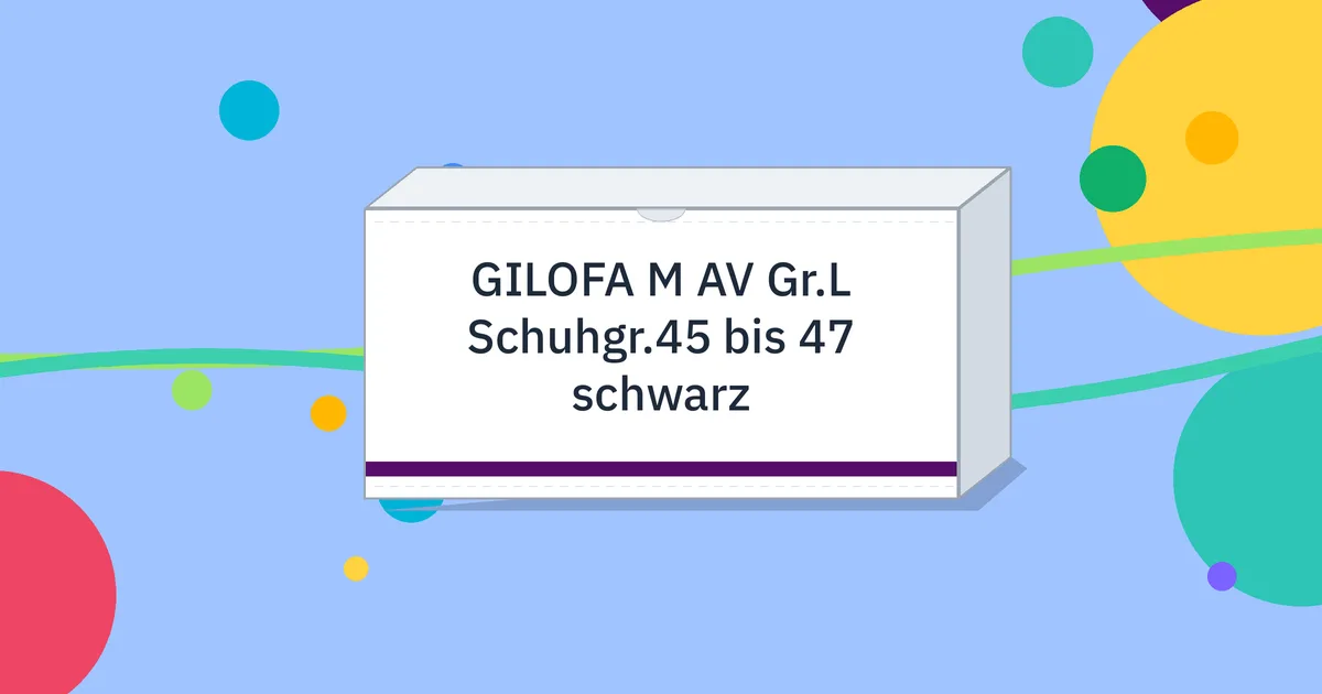 Symbolbild: Packung mit der Aufschrift GILOFA M AV Gr.L Schuhgr.45 bis 47 schwarz (PZN 16726590) – Verfügbarkeit und Bezug in Apotheken in Frankfurt am Main
