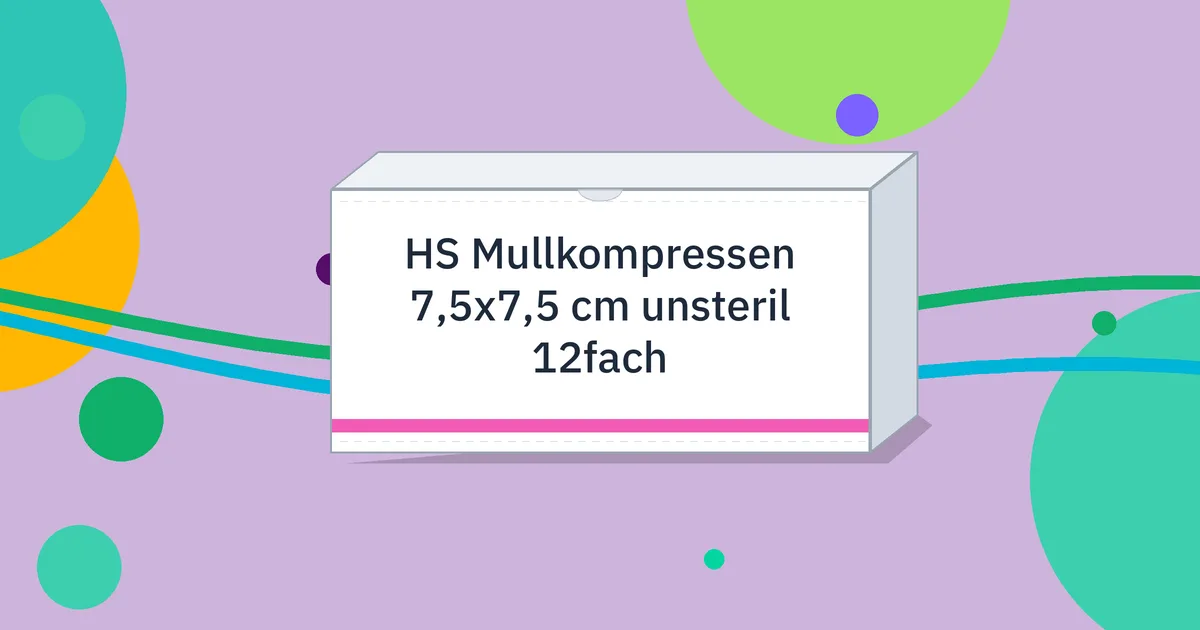 Symbolbild: Packung mit der Aufschrift HS Mullkompressen 7,5x7,5 cm unsteril 12fach (PZN 06436419) – Verfügbarkeit und Bezug in Apotheken in Frankfurt am Main