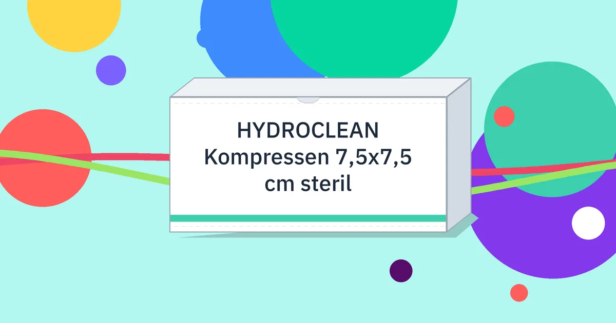 Symbolbild: Packung mit der Aufschrift HYDROCLEAN Kompressen 7,5x7,5 cm steril (PZN 17434530) – Verfügbarkeit und Bezug in Apotheken in Frankfurt am Main