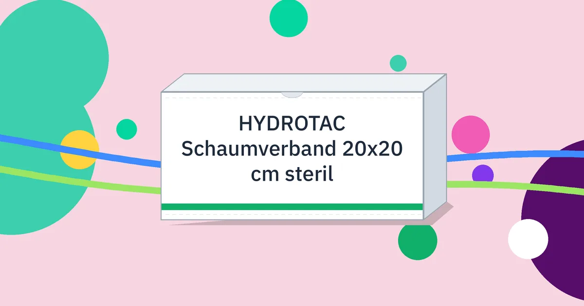 Symbolbild: Packung mit der Aufschrift HYDROTAC Schaumverband 20x20 cm steril (PZN 11584978) – Verfügbarkeit und Bezug in Apotheken in Frankfurt am Main