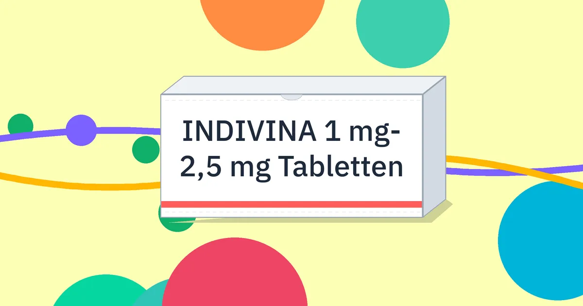 Symbolbild: Packung mit der Aufschrift INDIVINA 1 mg-2,5 mg Tabletten (PZN 01561284) – Verfügbarkeit und Bezug in Apotheken in Frankfurt am Main