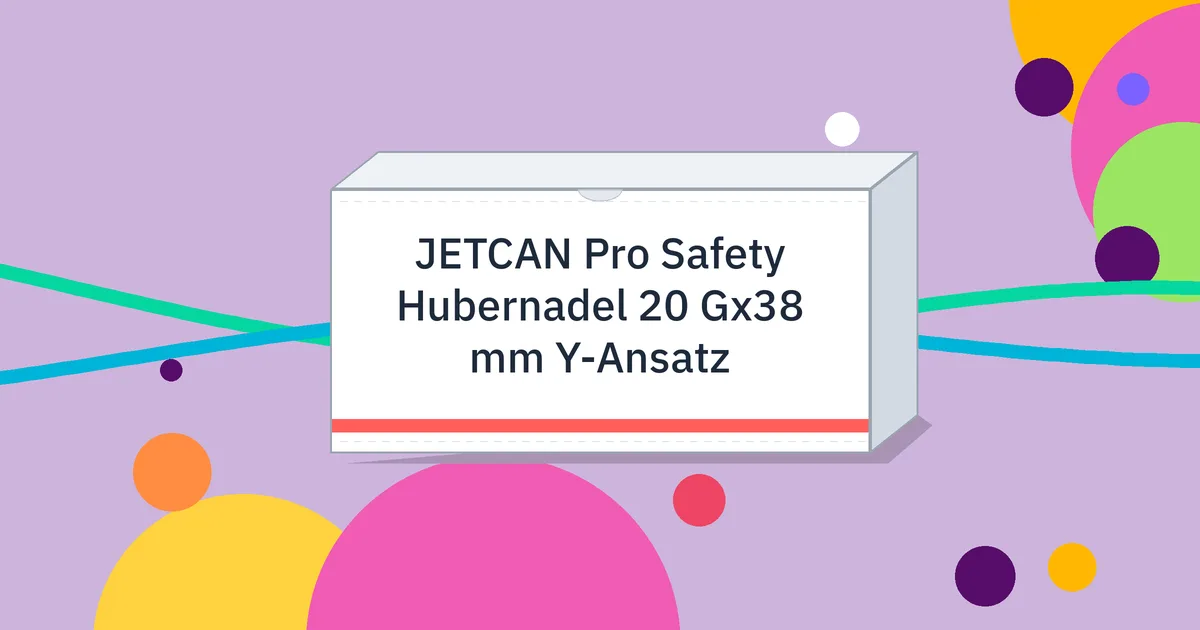 Symbolbild: Packung mit der Aufschrift JETCAN Pro Safety Hubernadel 20 Gx38 mm Y-Ansatz (PZN 19238885) – Verfügbarkeit und Bezug in Apotheken in Frankfurt am Main