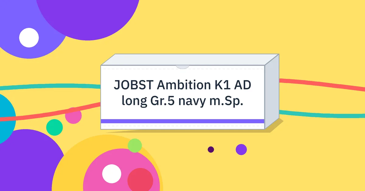Symbolbild: Packung mit der Aufschrift JOBST Ambition K1 AD long Gr.5 navy m.Sp. (PZN 11019994) – Verfügbarkeit und Bezug in Apotheken in Frankfurt am Main