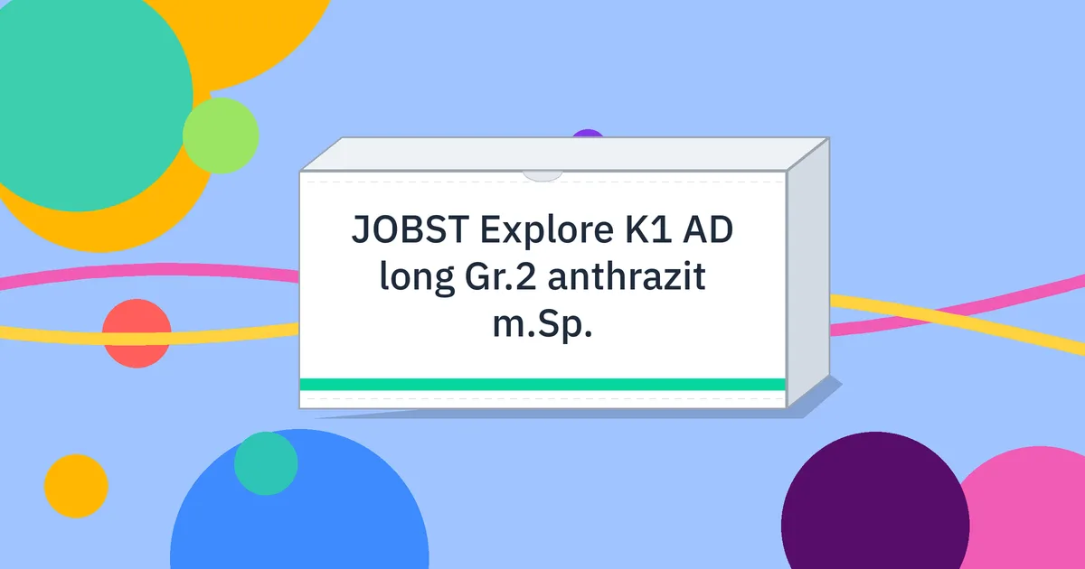 Symbolbild: Packung mit der Aufschrift JOBST Explore K1 AD long Gr.2 anthrazit m.Sp. (PZN 11021212) – Verfügbarkeit und Bezug in Apotheken in Frankfurt am Main