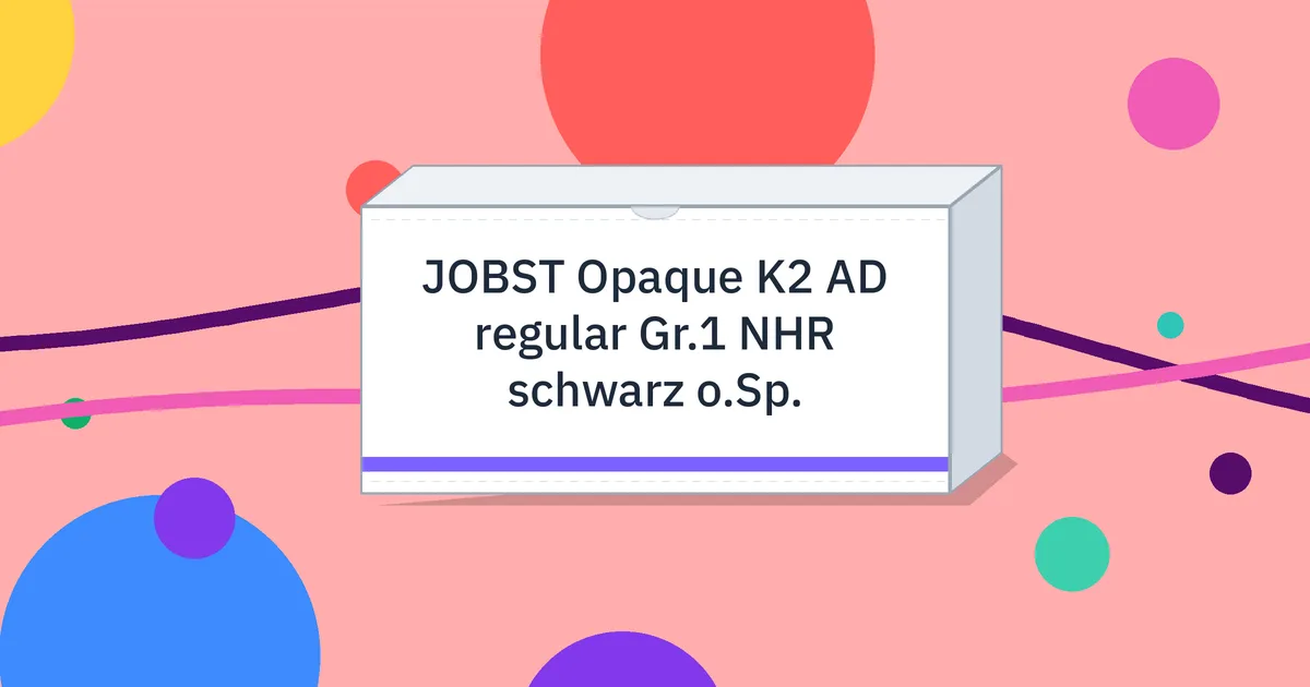 Symbolbild: Packung mit der Aufschrift JOBST Opaque K2 AD regular Gr.1 NHR schwarz o.Sp. (PZN 13111511) – Verfügbarkeit und Bezug in Apotheken in Frankfurt am Main