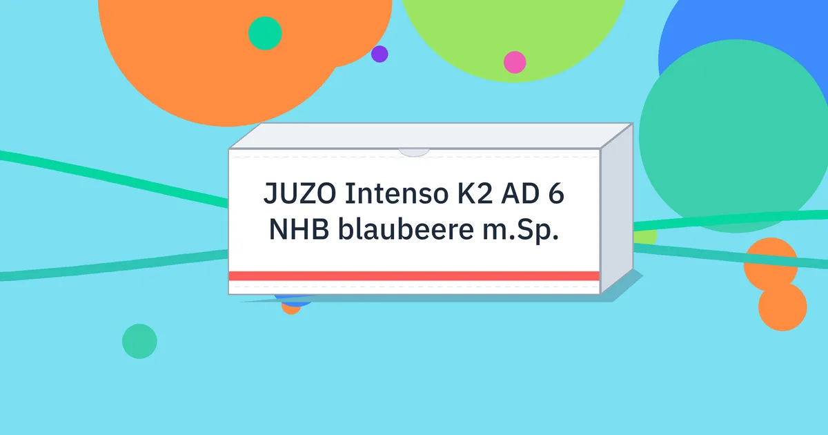 Symbolbild: Packung mit der Aufschrift JUZO Intenso K2 AD 6 NHB blaubeere m.Sp. (PZN 18609888) – Verfügbarkeit und Bezug in Apotheken in Frankfurt am Main