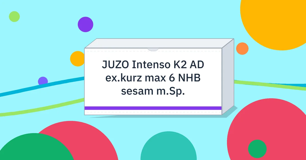 Symbolbild: Packung mit der Aufschrift JUZO Intenso K2 AD ex.kurz max 6 NHB sesam m.Sp. (PZN 18610377) – Verfügbarkeit und Bezug in Apotheken in Frankfurt am Main