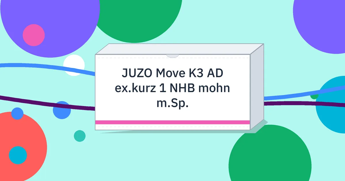 Symbolbild: Packung mit der Aufschrift JUZO Move K3 AD ex.kurz 1 NHB mohn m.Sp. (PZN 18573417) – Verfügbarkeit und Bezug in Apotheken in Frankfurt am Main