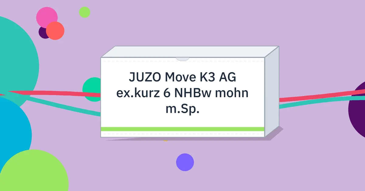 Symbolbild: Packung mit der Aufschrift JUZO Move K3 AG ex.kurz 6 NHBw mohn m.Sp. (PZN 18594394) – Verfügbarkeit und Bezug in Apotheken in Frankfurt am Main