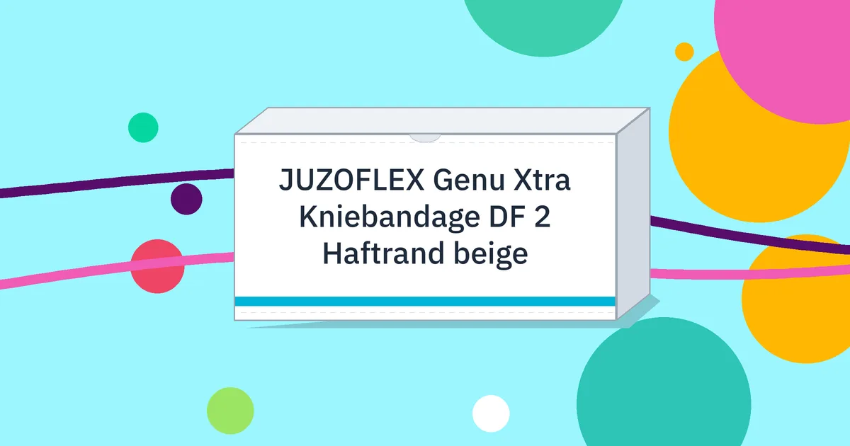 Symbolbild: Packung mit der Aufschrift JUZOFLEX Genu Xtra Kniebandage DF 2 Haftrand beige (PZN 16497356) – Verfügbarkeit und Bezug in Apotheken in Frankfurt am Main