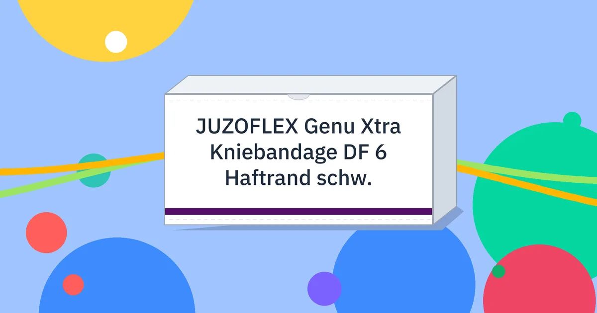 Symbolbild: Packung mit der Aufschrift JUZOFLEX Genu Xtra Kniebandage DF 6 Haftrand schw. (PZN 16497327) – Verfügbarkeit und Bezug in Apotheken in Frankfurt am Main